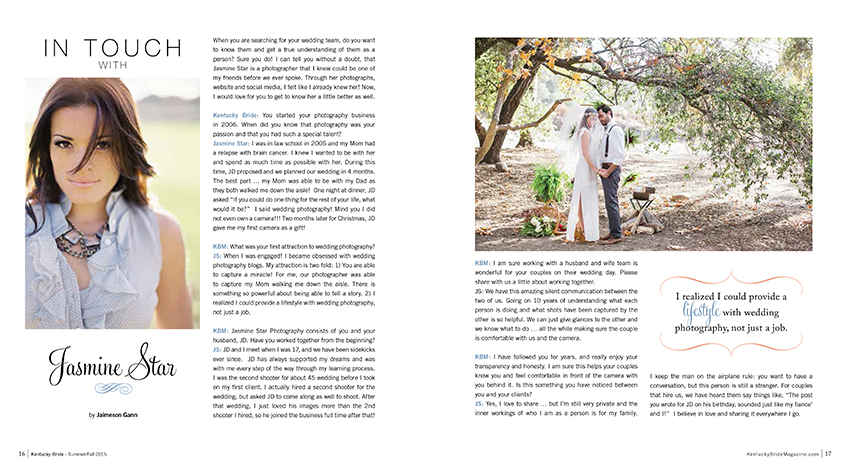 Featured : Kentucky Bride Magazine - Jasmine Star